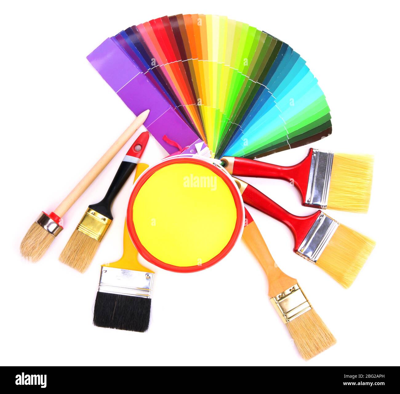 Set for painting: paint pots, brushes, palette of colors isolated on ...