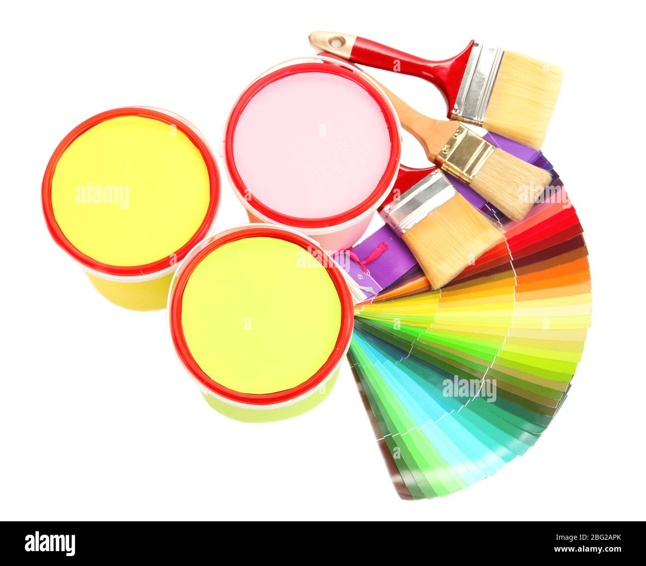 Set for painting: paint pots, brushes, palette of colors isolated on ...