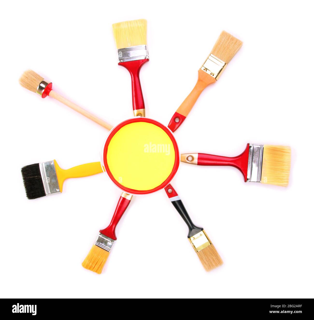 Set for painting: paint pots, brushes, palette of colors isolated on ...