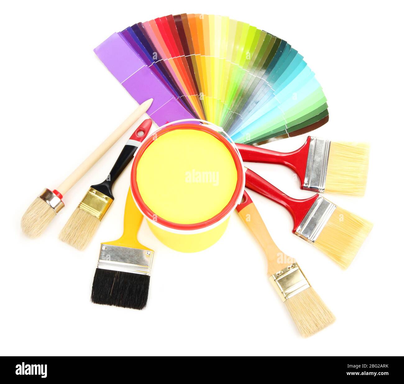Set for painting: paint pots, brushes, palette of colors isolated on ...