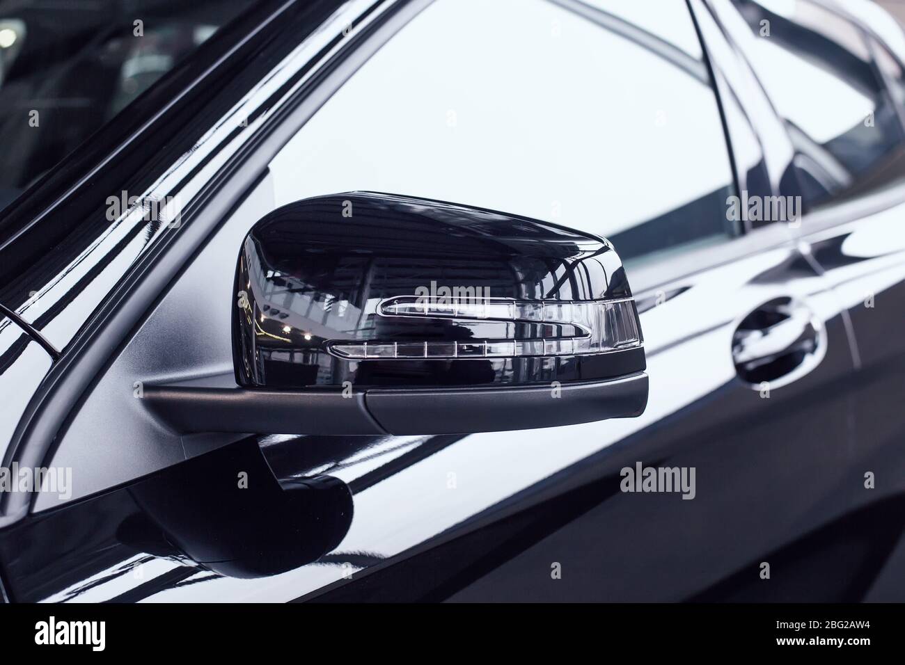 Modern beautiful side rear-view mirror in a new car with a built-in ...