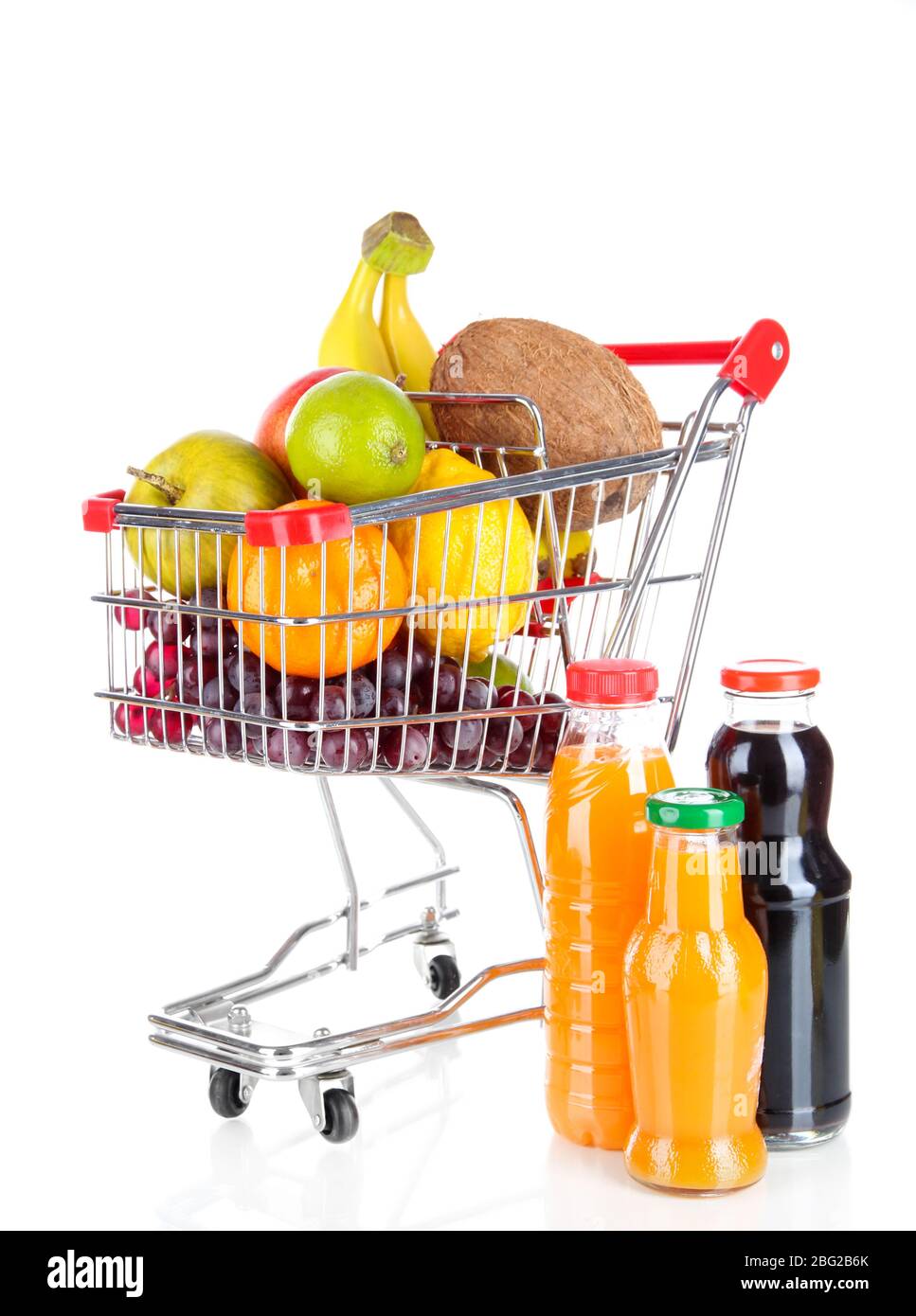 Different fruits in trolley with juice isolated on white Stock Photo ...