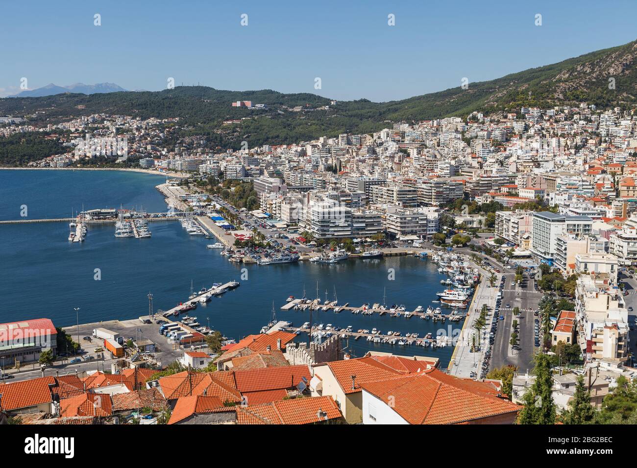 Aerial panoramic view of Greek resort Kavala, big port with old ...