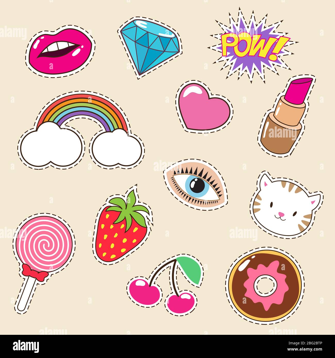 Cute colourful girl vector fashion patches. Lipstick, rainbow, diamond ...