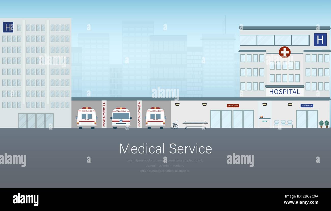 Medical service banner with hospital building and ambulance vector ...