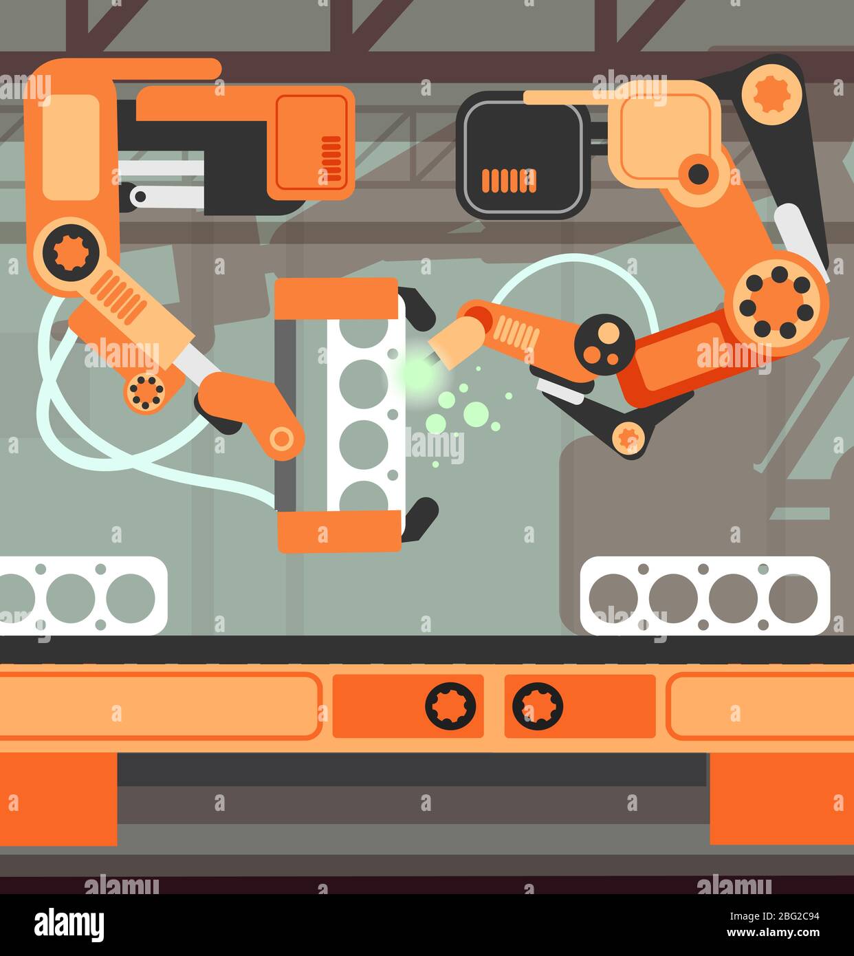 Manufacturing assembly conveyor production line with robotic arm. Heavy ...