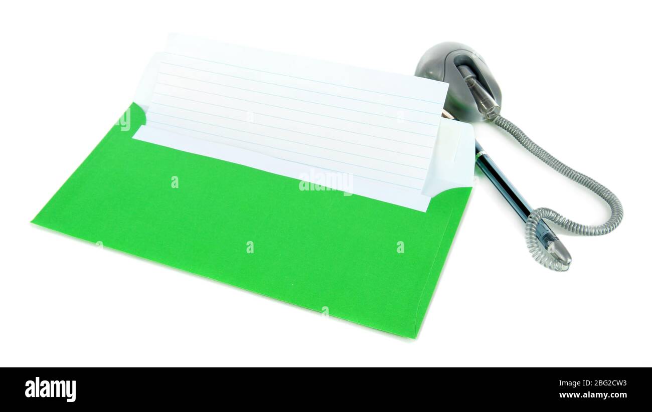 Envelope with pen isolated on white Stock Photo - Alamy