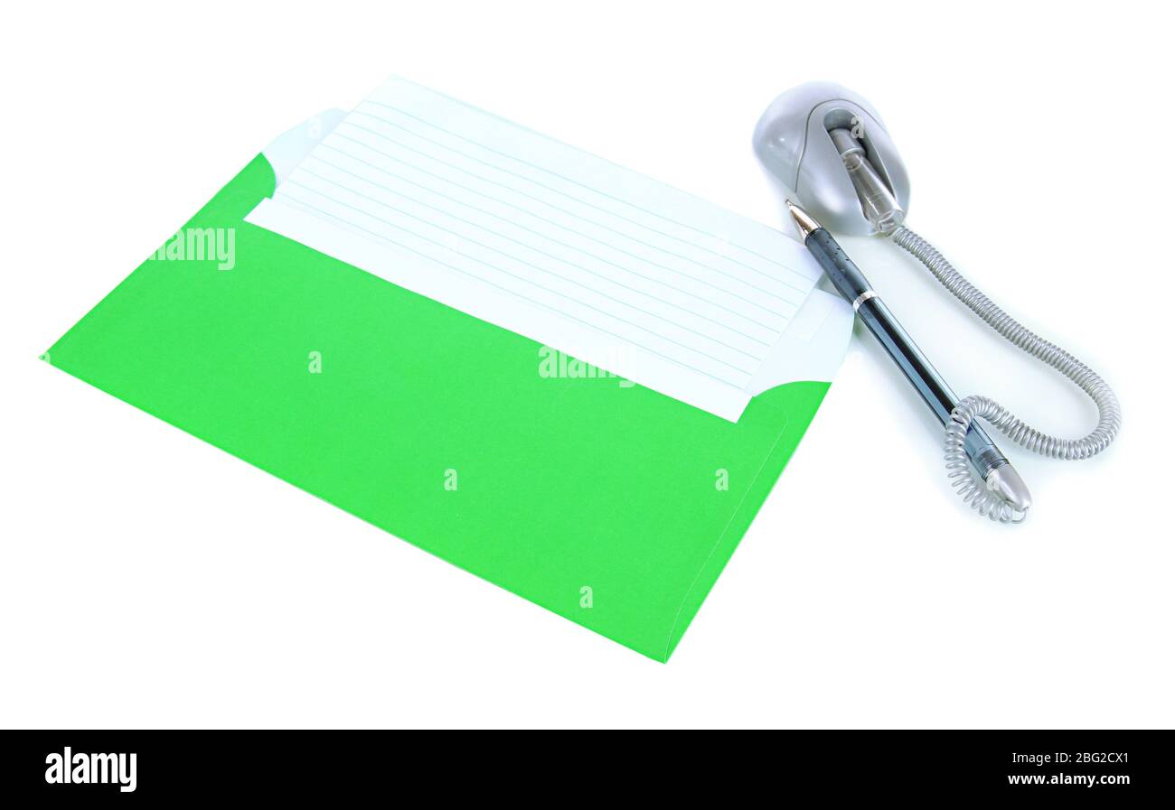 Envelope with pen isolated on white Stock Photo - Alamy