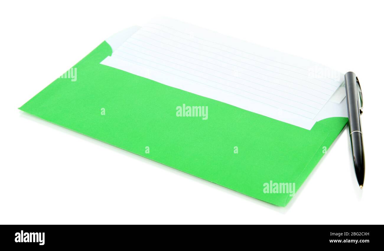Envelope with pen isolated on white Stock Photo - Alamy