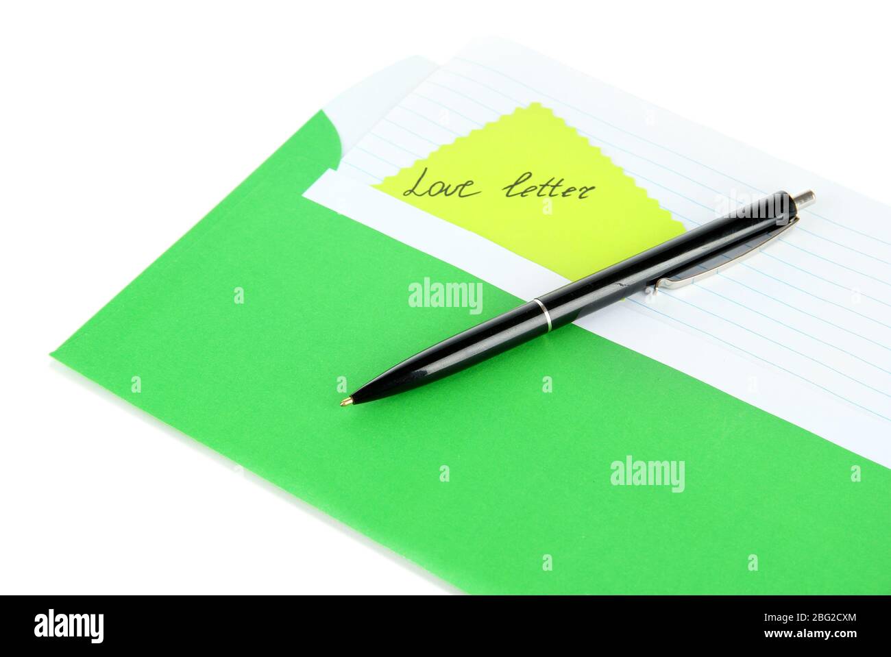 Note in envelope with pen isolated on white Stock Photo - Alamy