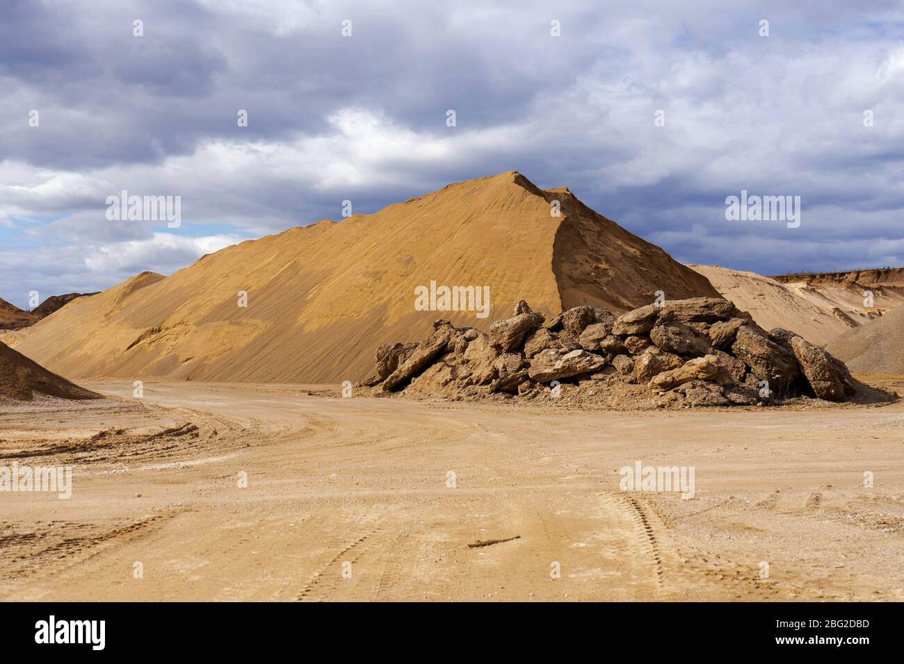 Open pit gravel mining. Large piles of construction sand and gravel ...
