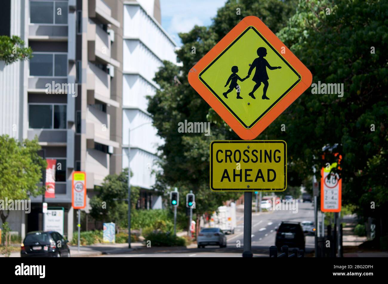 A school children crossing warning sign located in the city of Brisbane ...