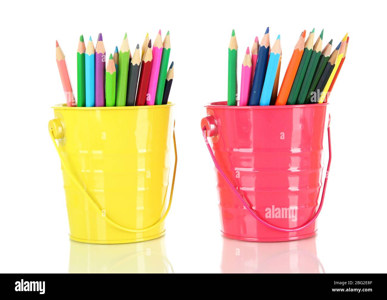 Colorful pencils in two pails isolated on white Stock Photo - Alamy