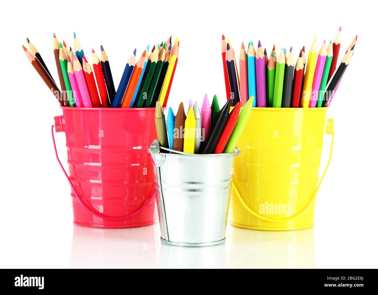 Colorful pencils in three pails isolated on white Stock Photo - Alamy