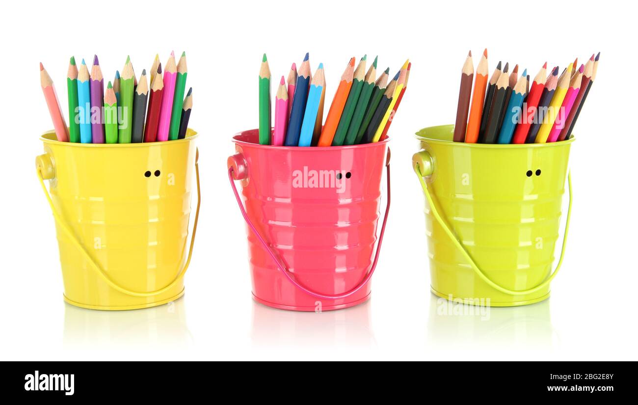 Colorful pencils in three pails isolated on white Stock Photo - Alamy