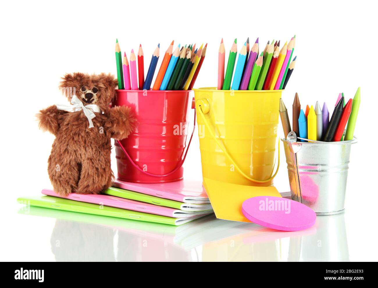 Colorful pencils with school supplies isolated on white Stock Photo - Alamy