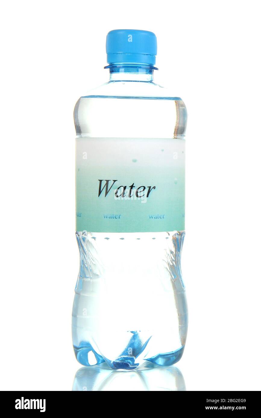 Water bottle with label isolated on white Stock Photo - Alamy
