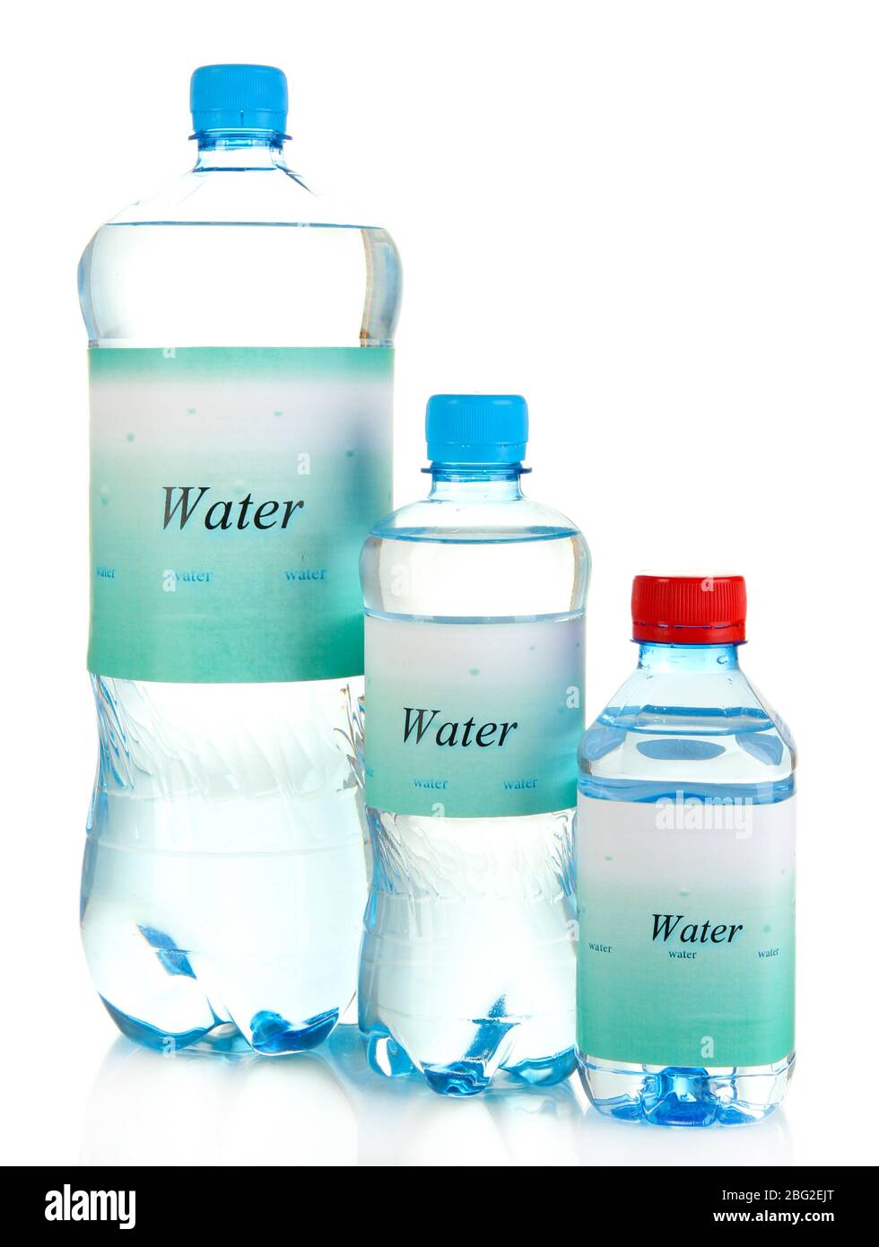 Different water bottles with label isolated on white Stock Photo - Alamy