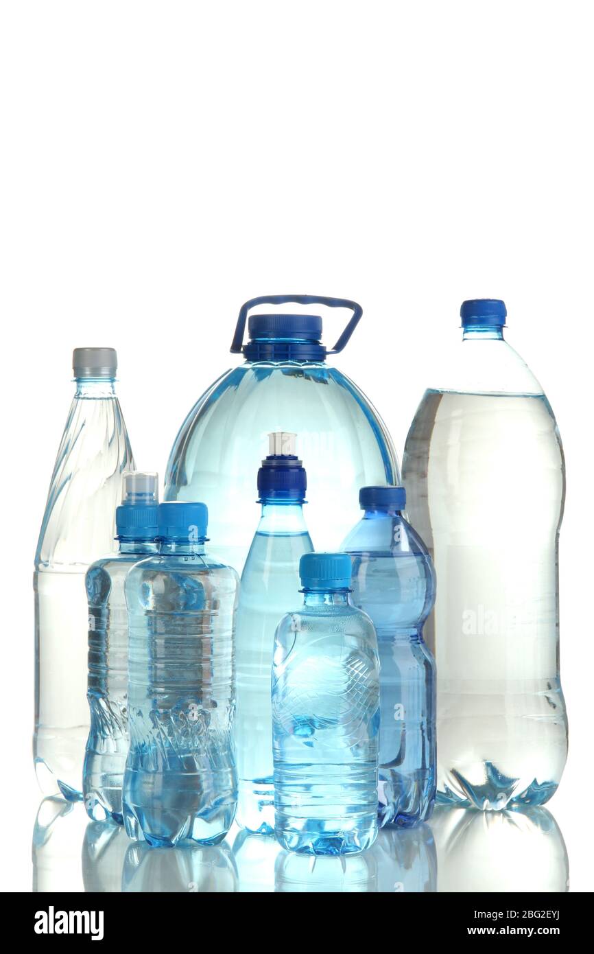 Different water bottles isolated on white Stock Photo - Alamy