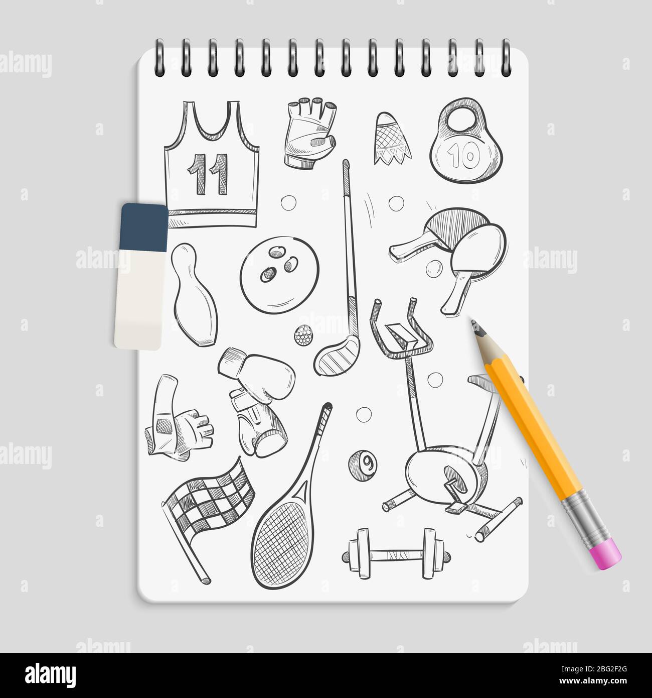 Doodle sport elements on realistic notebook. Sketch notebook doodle ...