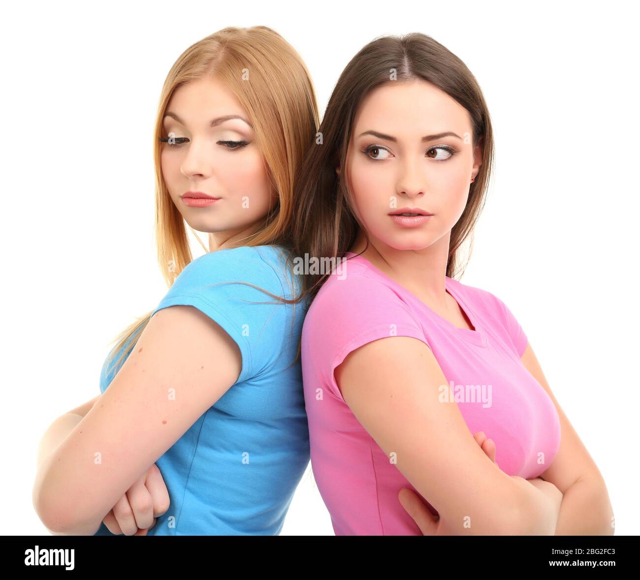 Two girl friends quarrel isolated on white Stock Photo - Alamy