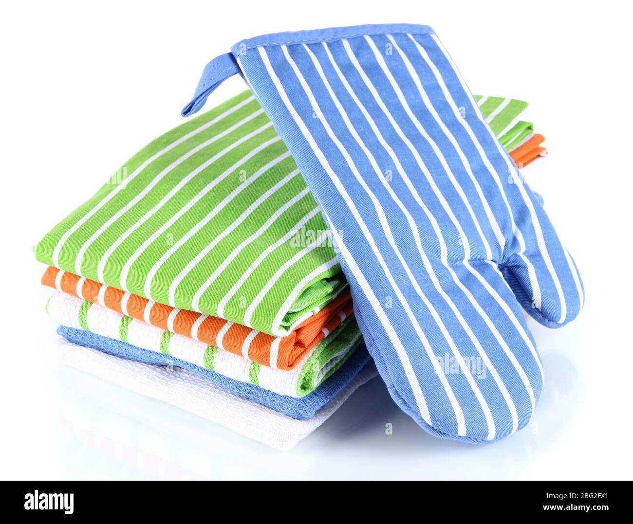 Blue potholder and stack of kitchen towels isolated on white Stock ...