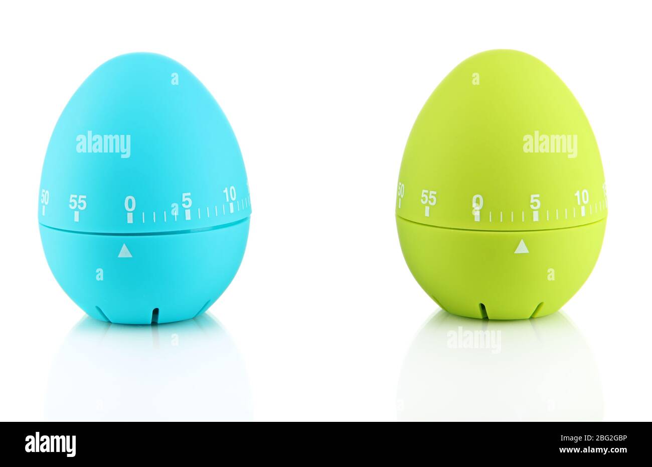 Blue and green egg timers, isolated on white Stock Photo - Alamy