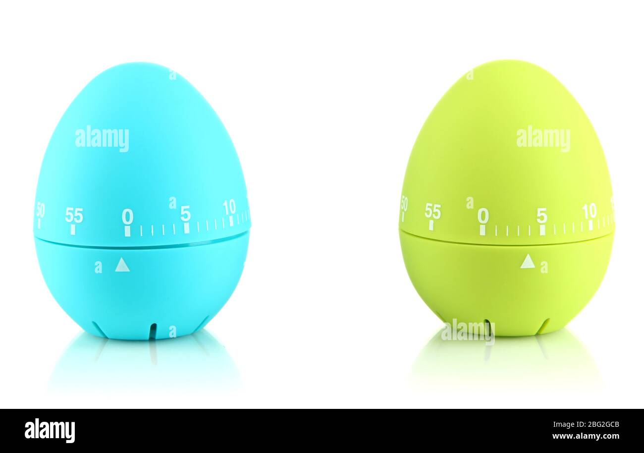 Blue and green egg timers, isolated on white Stock Photo - Alamy