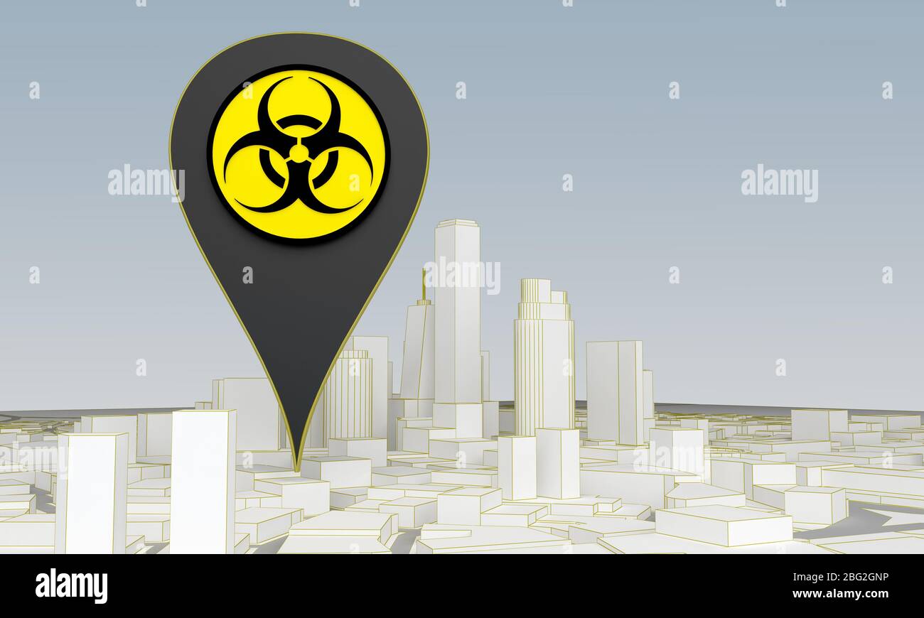 pin with biohazard symbol in abstract city. 3d rendering Stock Photo ...