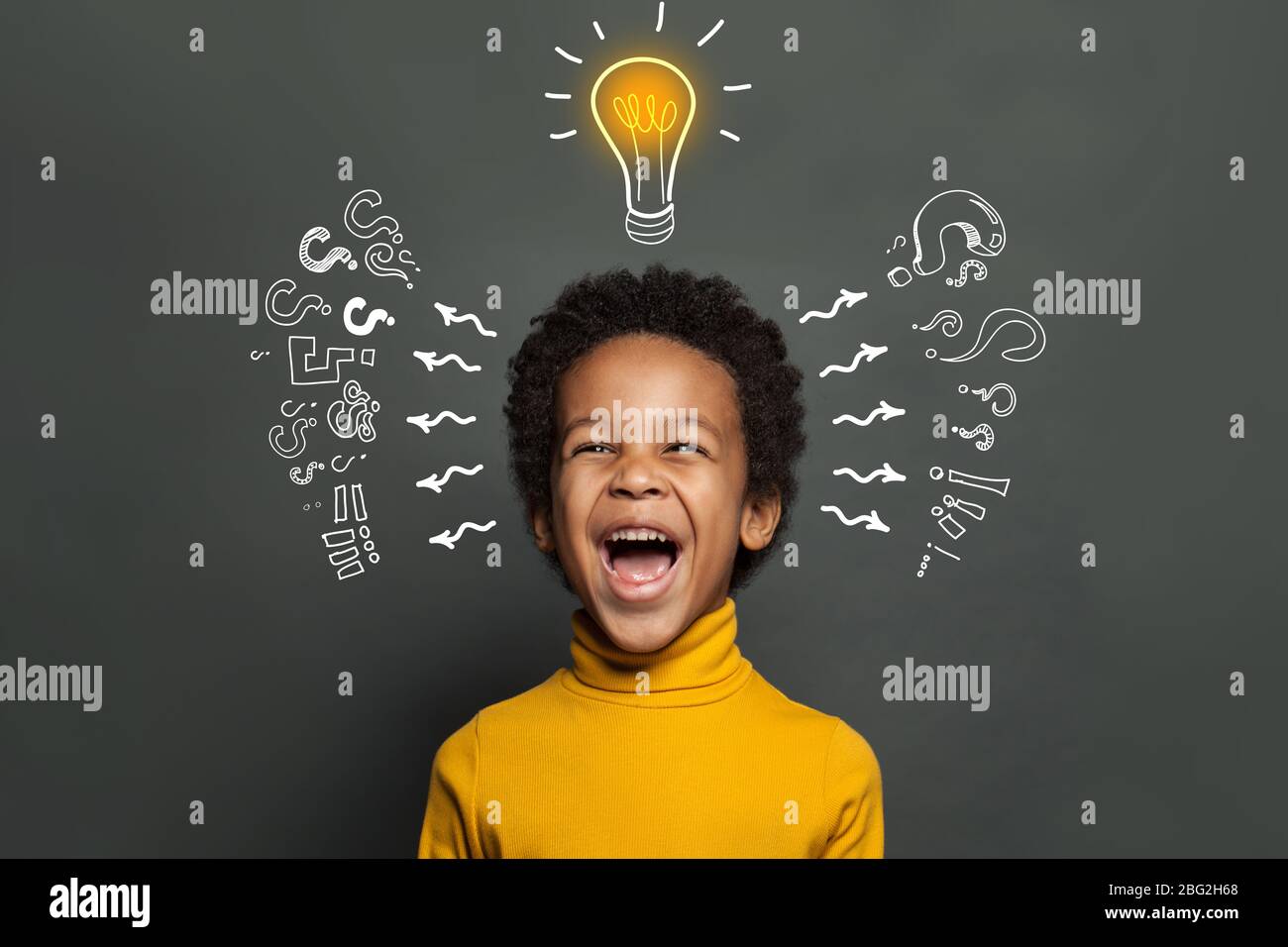 Ideas and brainstorm concept. Happy child school student with lightbulb ...