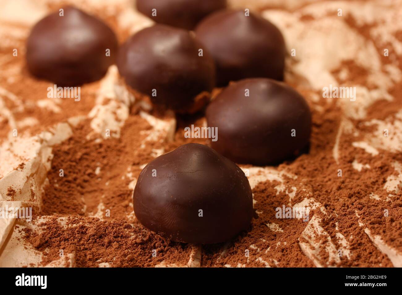Chocolate candies with cocoa powder, close up Stock Photo - Alamy