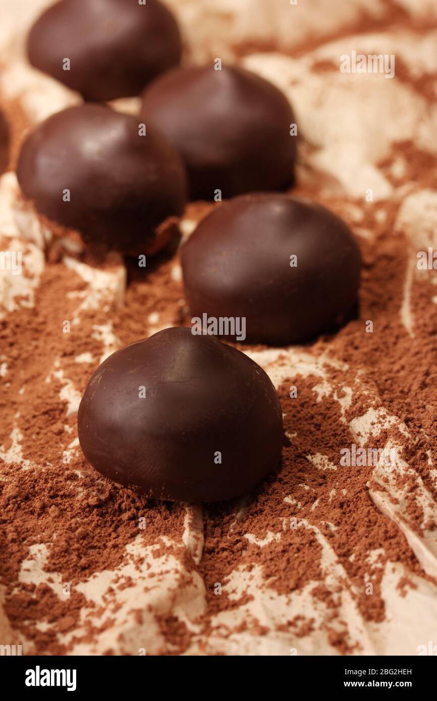Chocolate candies with cocoa powder, close up Stock Photo - Alamy