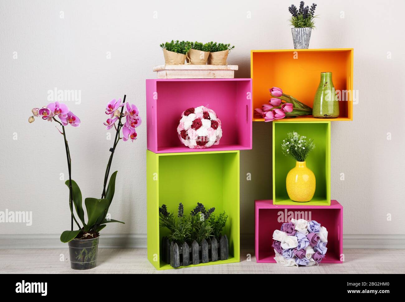 Beautiful colorful shelves with different home related objects Stock ...