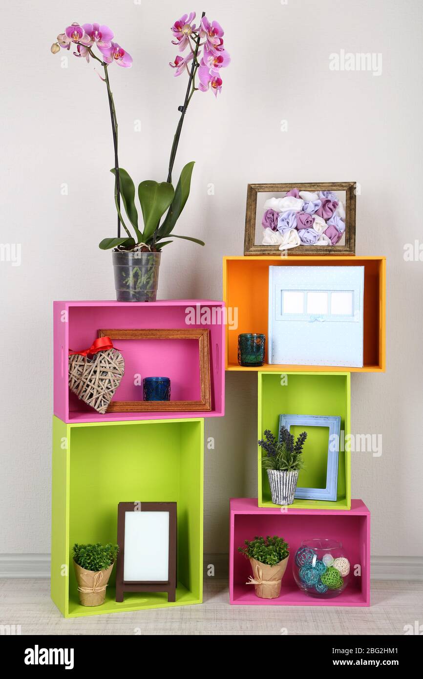 Beautiful colorful shelves with different home related objects Stock ...