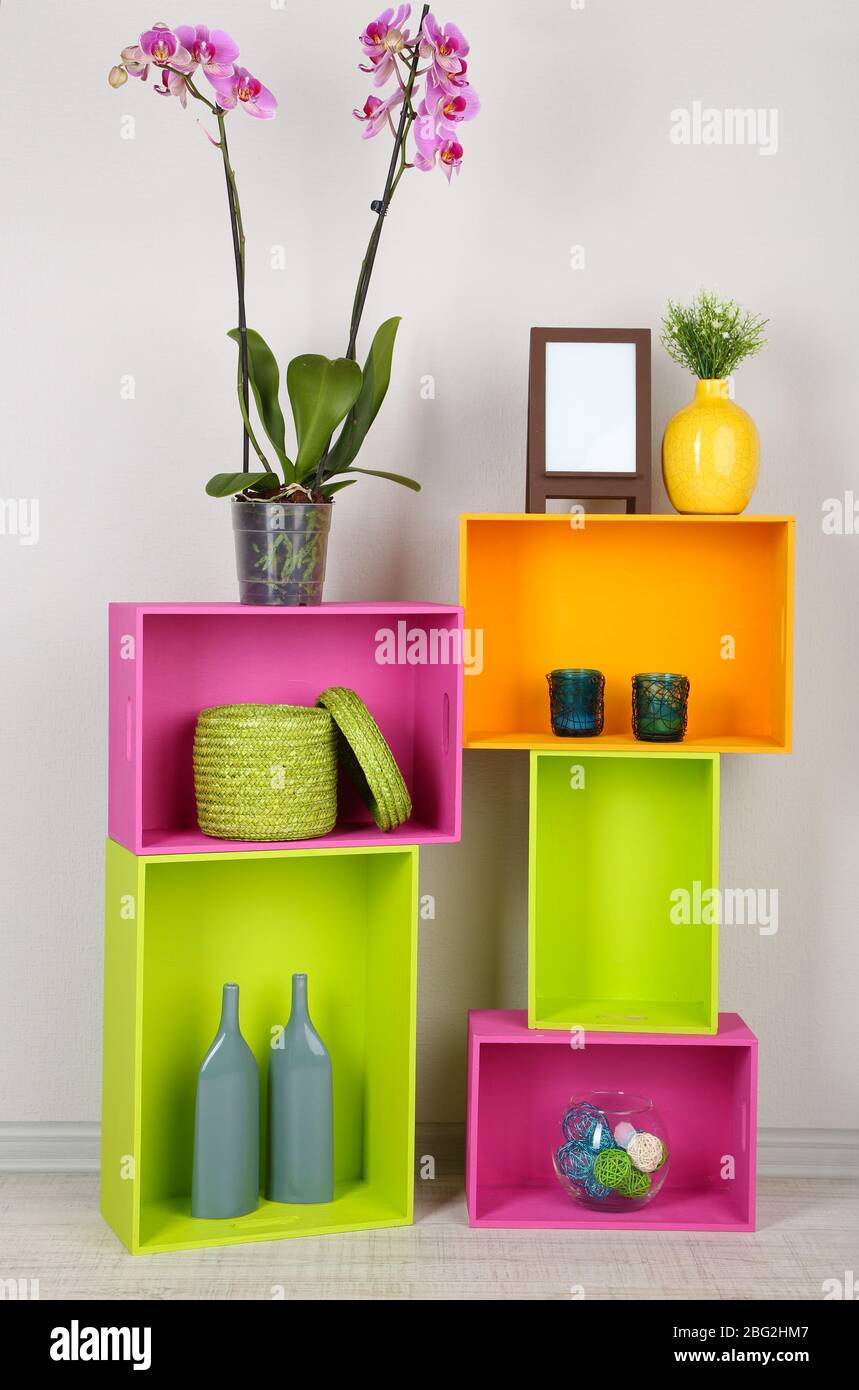 Beautiful colorful shelves with different home related objects Stock ...
