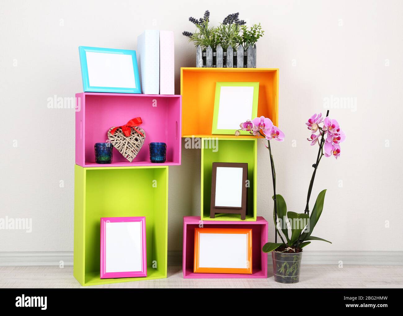 Beautiful colorful shelves with different home related objects Stock ...