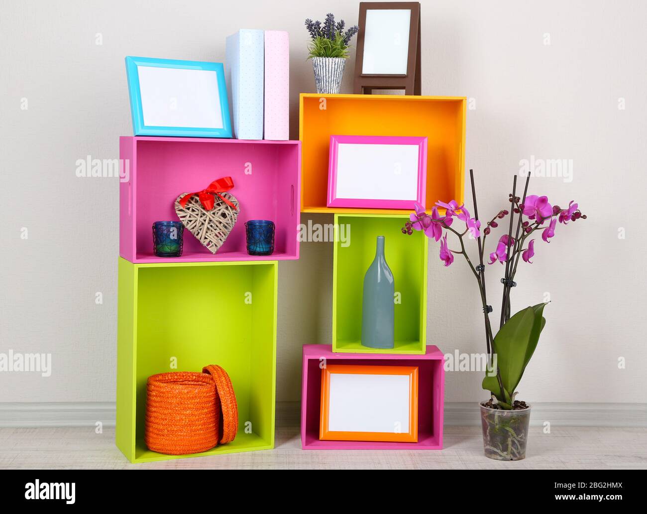 Beautiful colorful shelves with different home related objects Stock ...