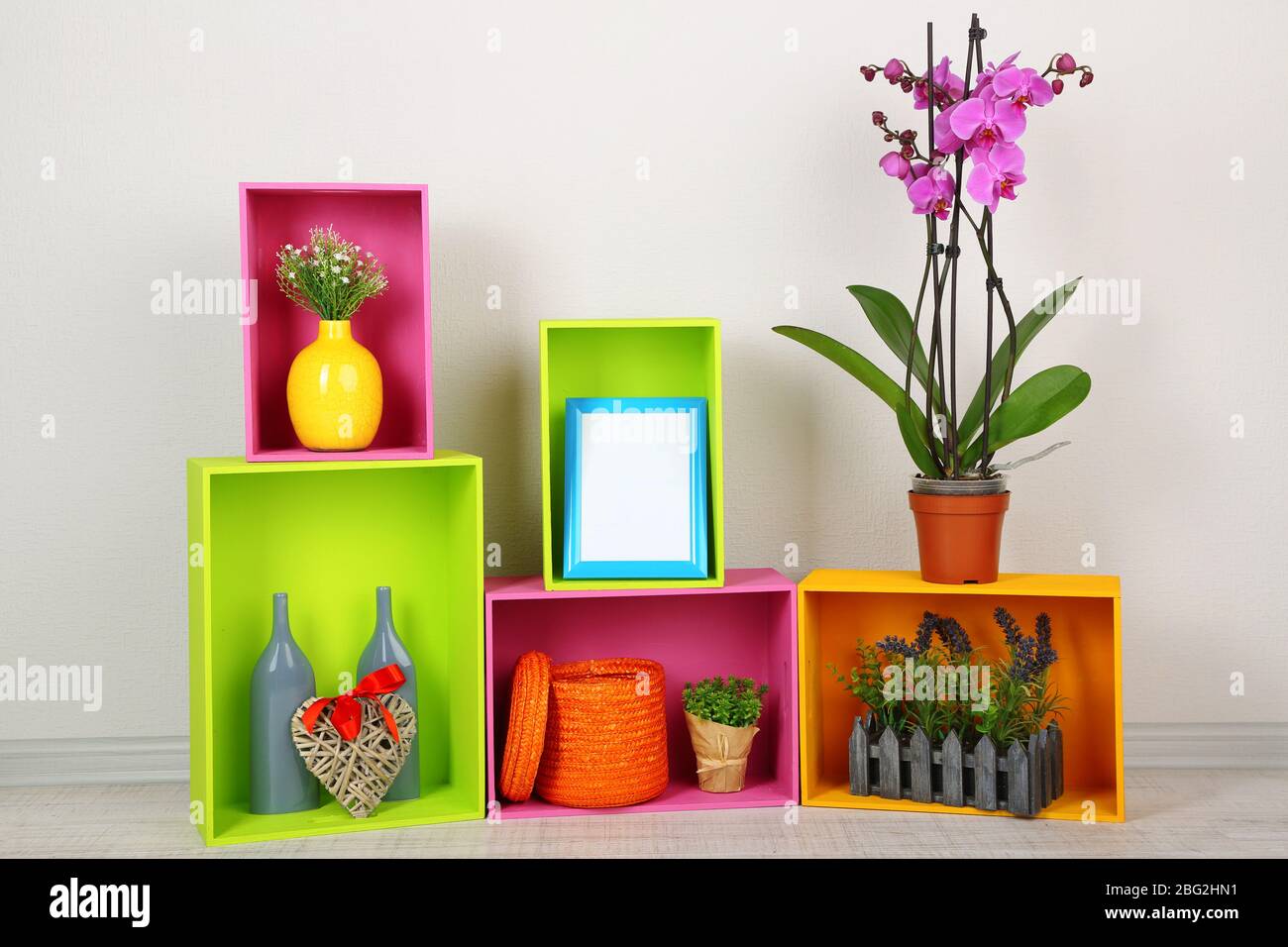 Beautiful colorful shelves with different home related objects Stock ...