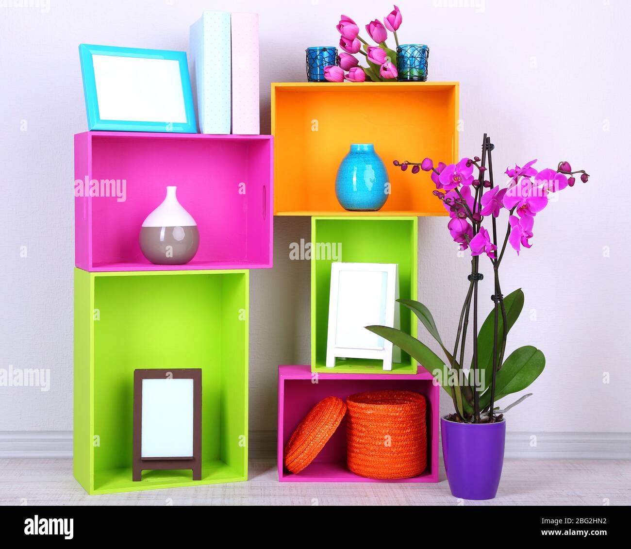 Beautiful colorful shelves with different home related objects Stock ...