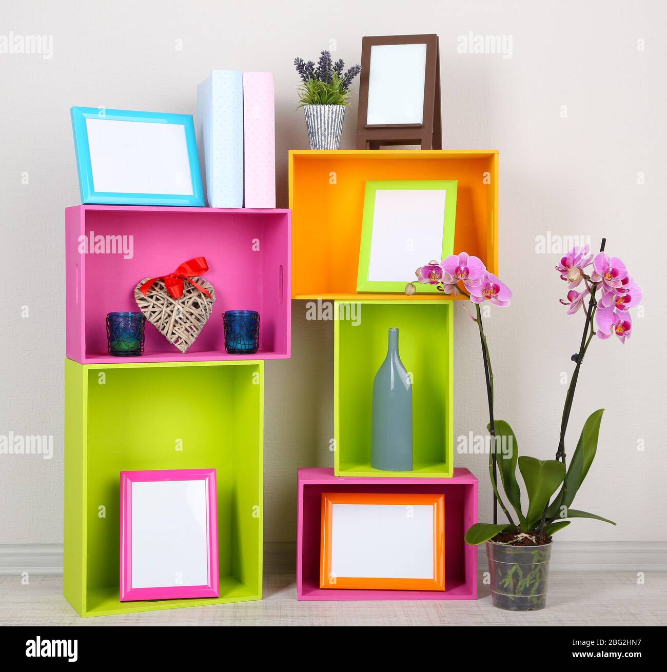Beautiful colorful shelves with different home related objects Stock ...