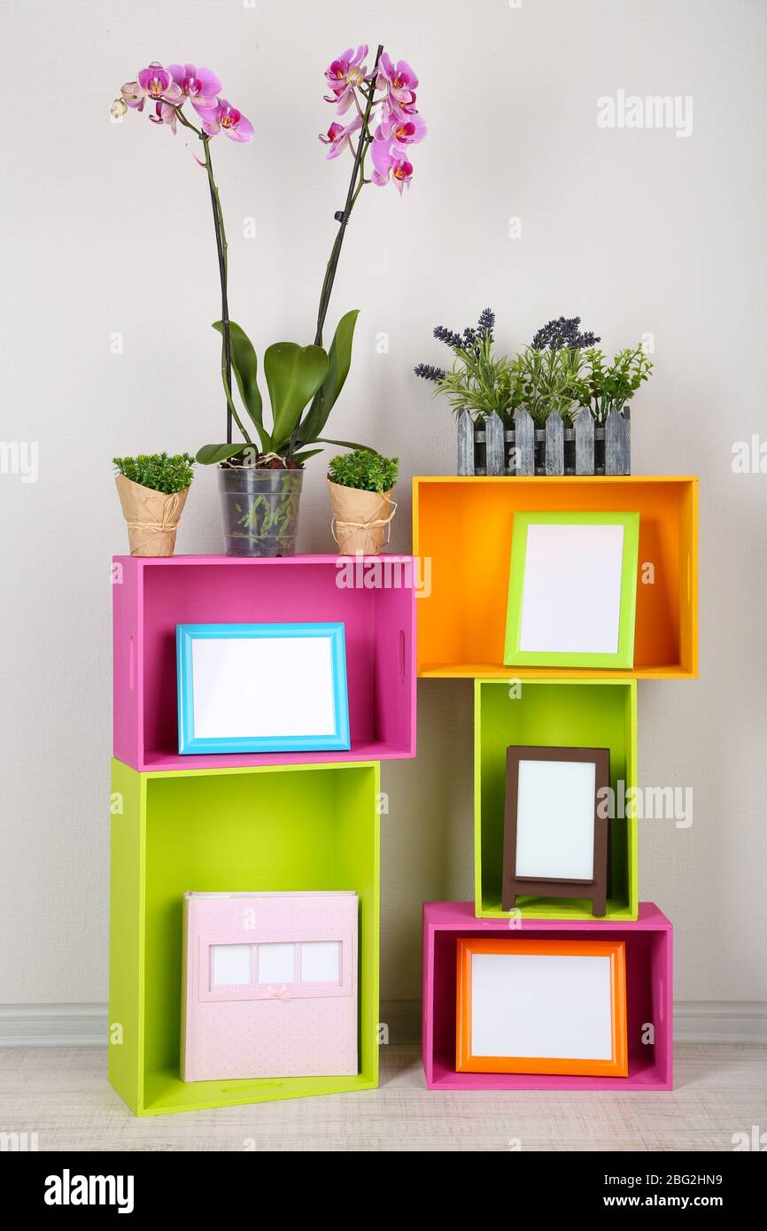 Beautiful colorful shelves with different home related objects Stock ...