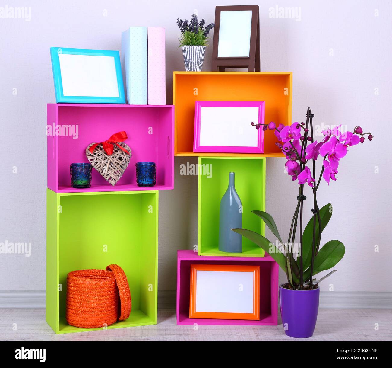 Beautiful colorful shelves with different home related objects Stock ...