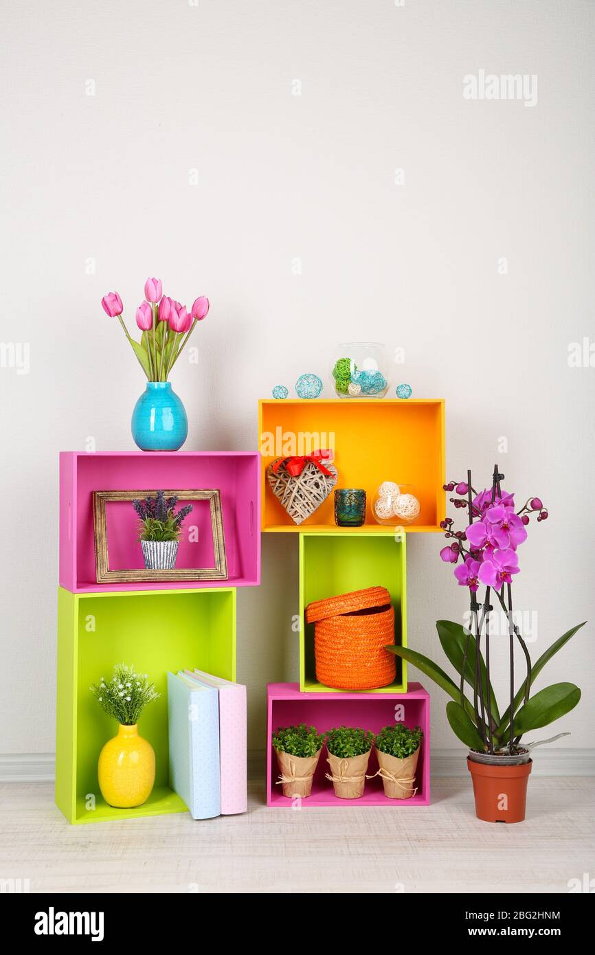 Beautiful colorful shelves with different home related objects Stock ...