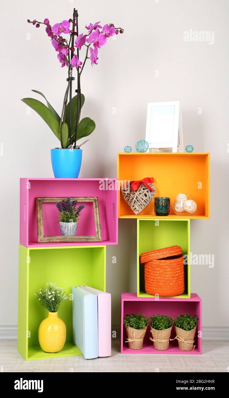 Beautiful colorful shelves with different home related objects Stock ...