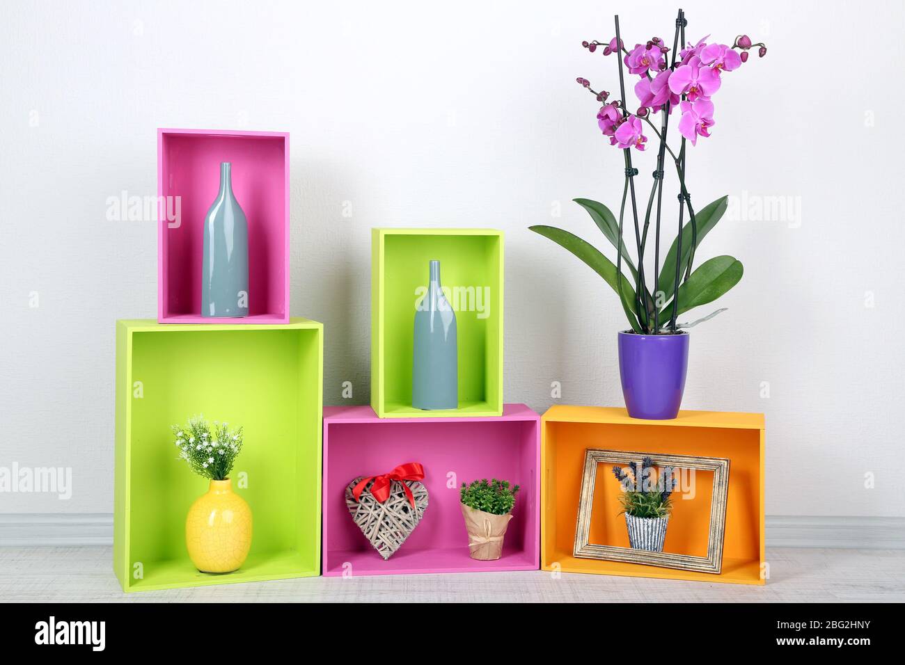 Beautiful colorful shelves with different home related objects Stock ...