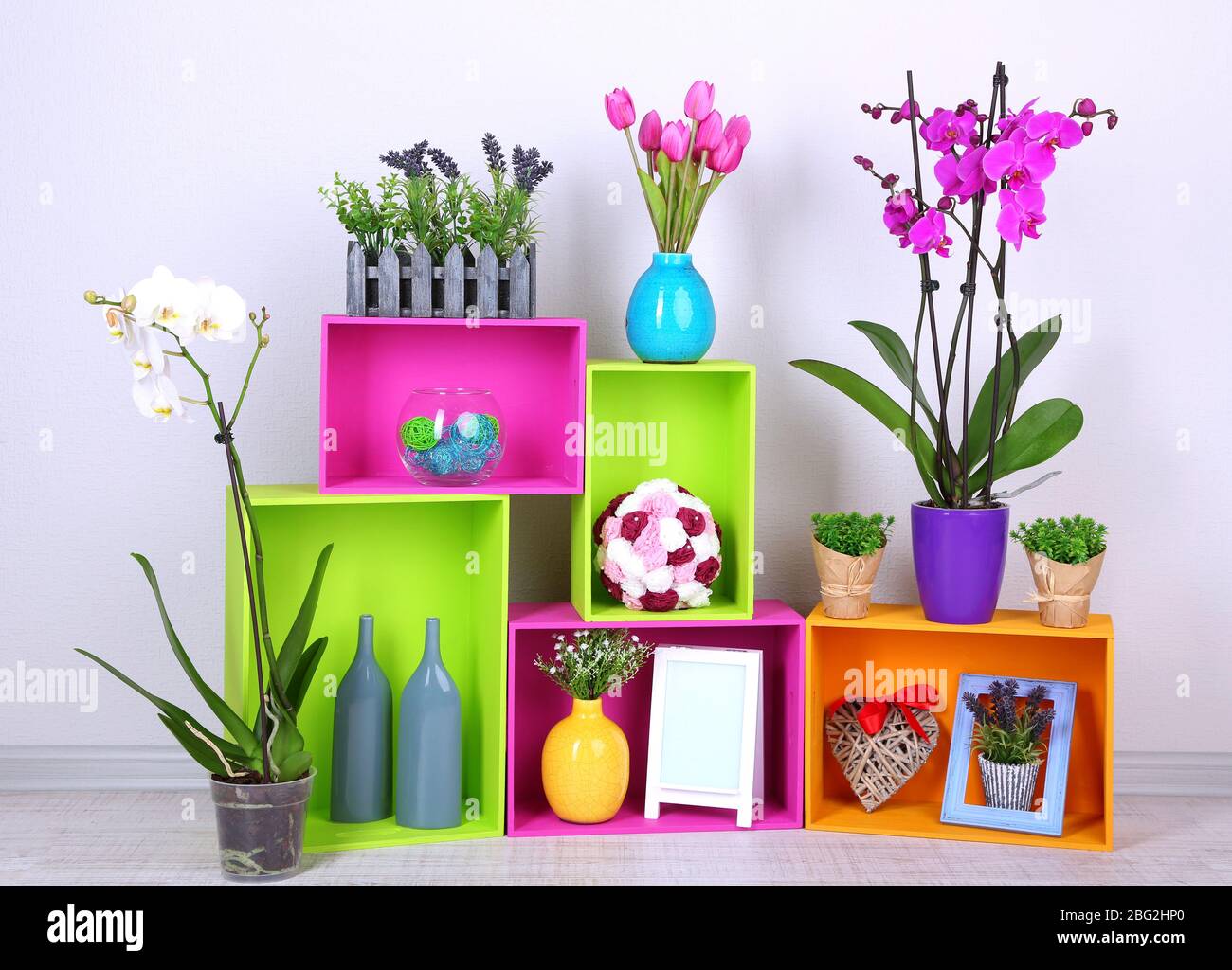 Beautiful colorful shelves with different home related objects Stock ...