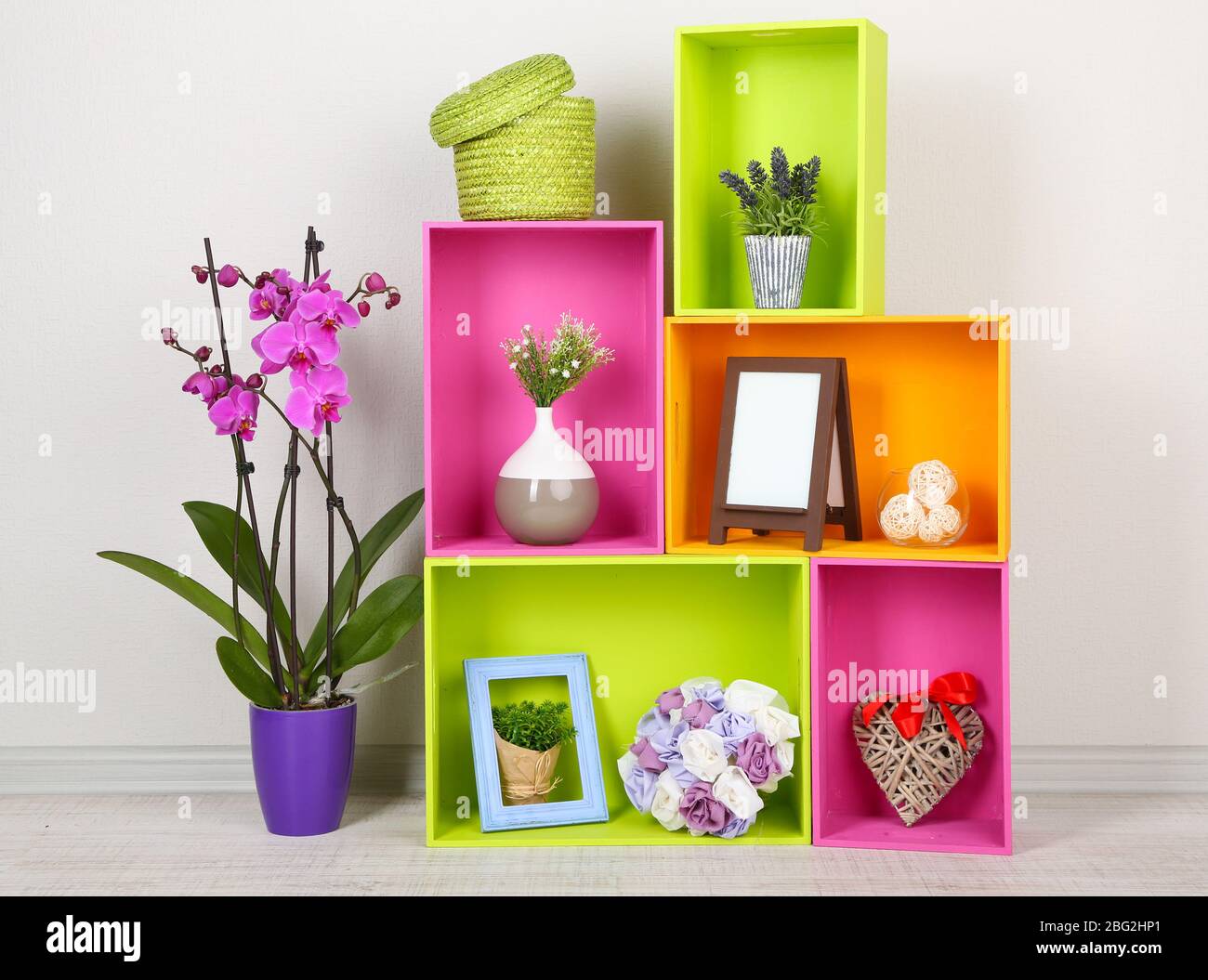 Beautiful colorful shelves with different home related objects Stock ...