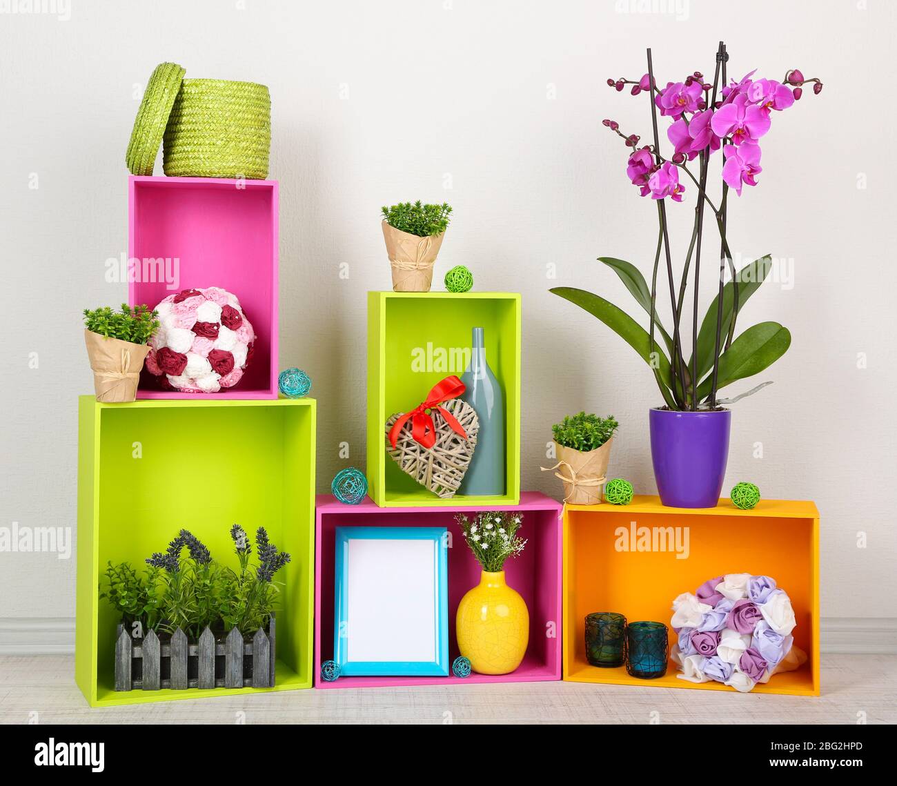 Beautiful colorful shelves with different home related objects Stock ...