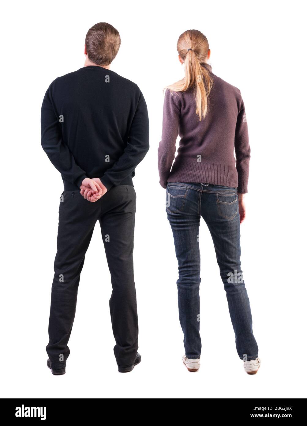 Back view couple in sweater. beautiful man and woman. Rear view people ...