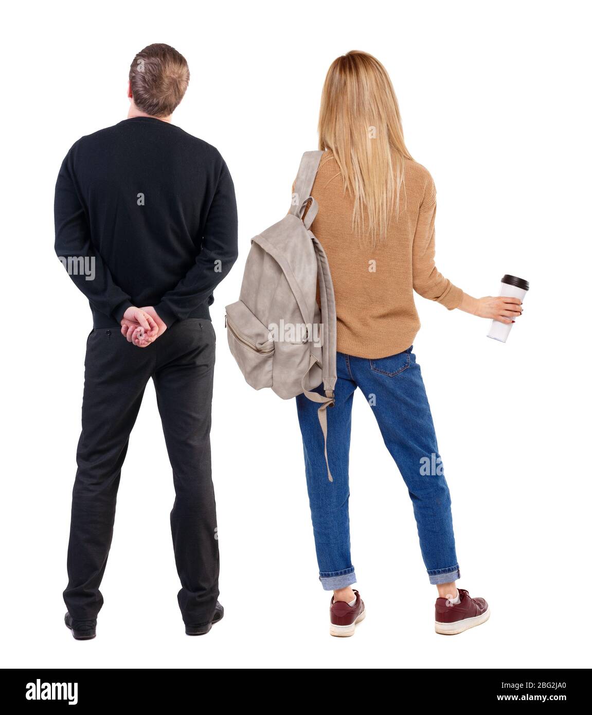 Back view couple in sweater. beautiful man and woman. Rear view people ...